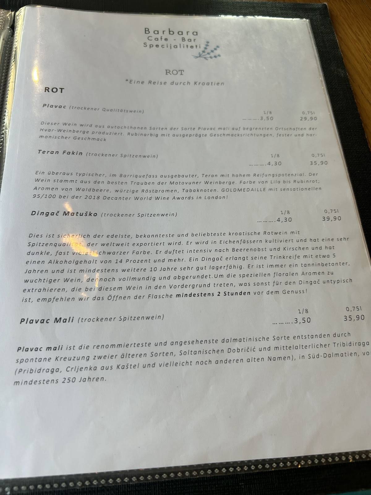 Speisekarte von Barbara Cafe-Bar Specijaliteti, Linz