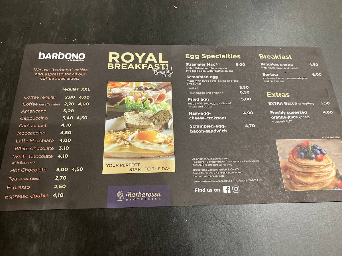 Menu at Barbarossa (German Bakery and coffee house), Ramstein ...