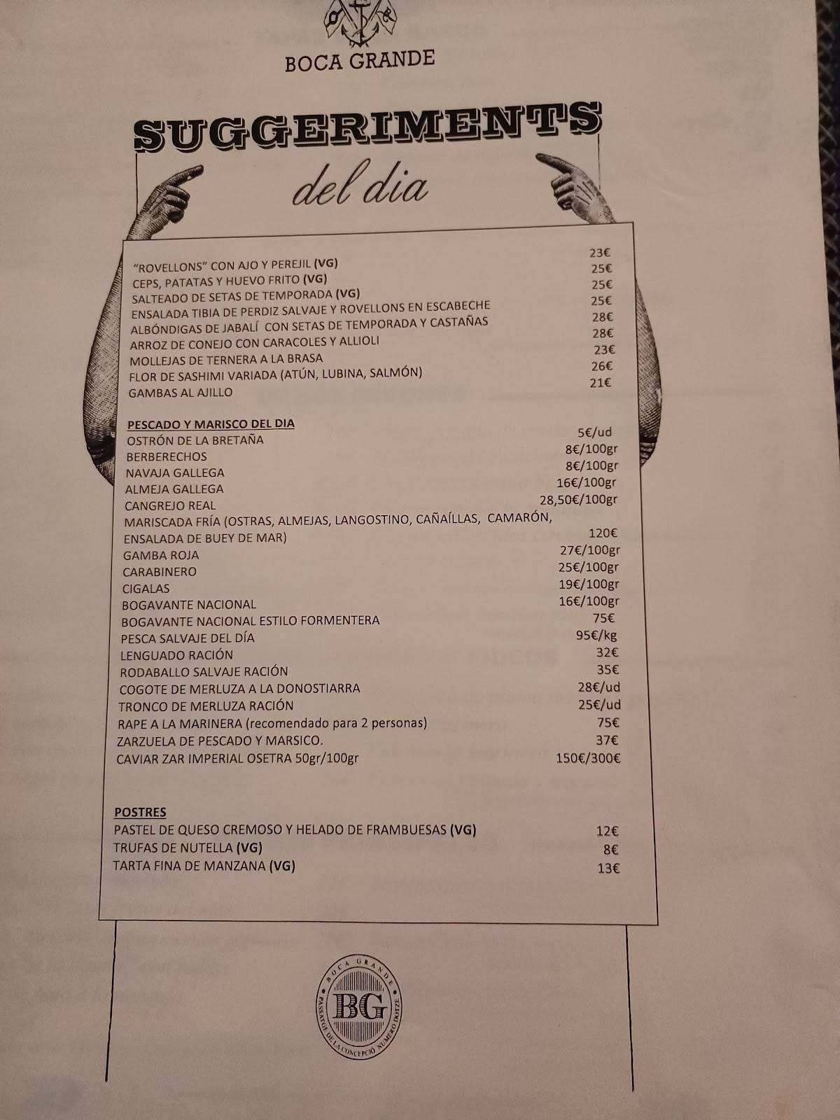 Carta del pub y bar Boca Grande, Barcelona, Passatge del la Concepció