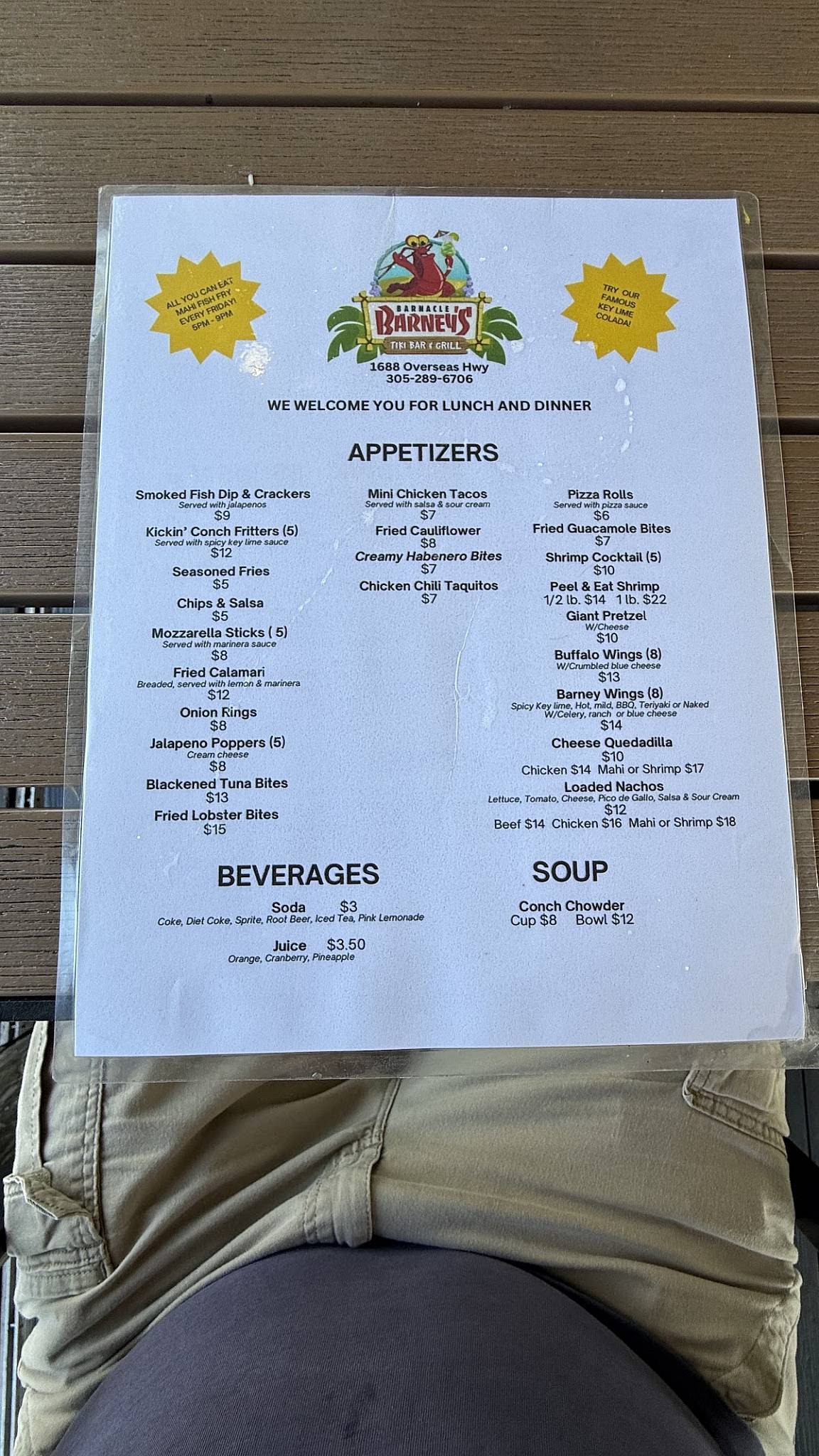 Menu at Barnacle Barney's Tiki Bar and Grill, Marathon