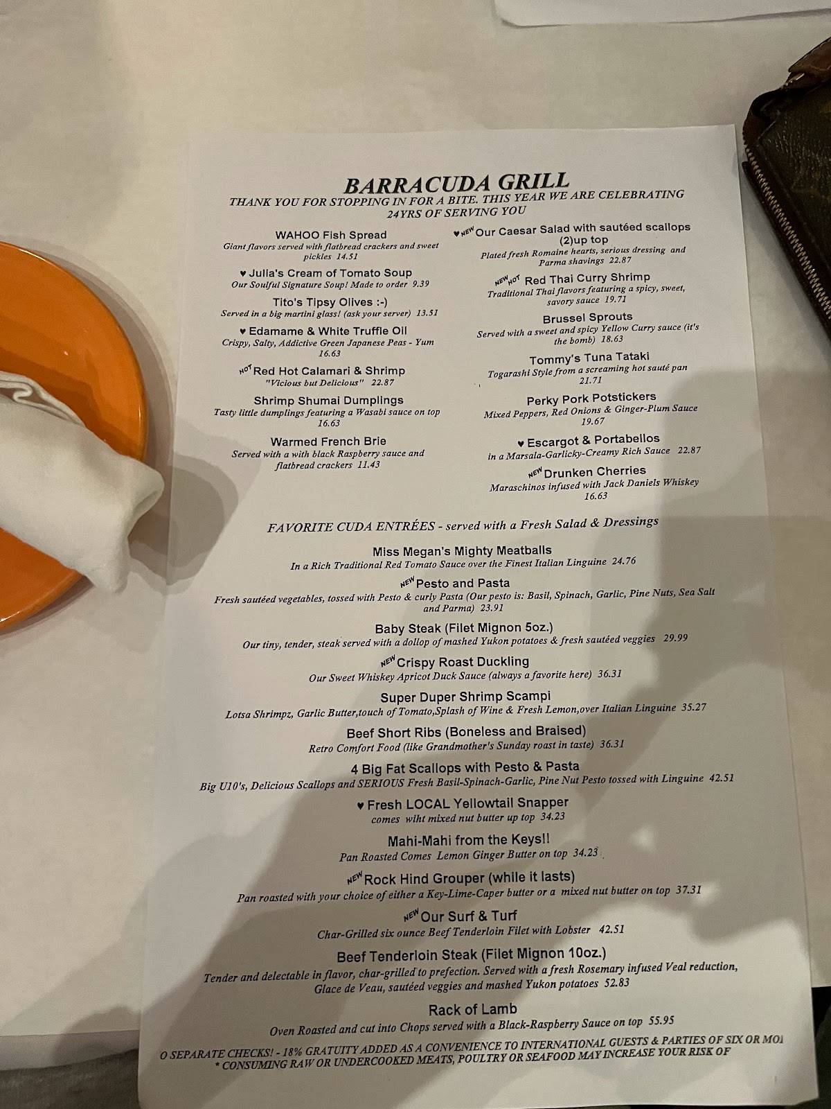 Menu at Barracuda Grill Restaurant, Marathon