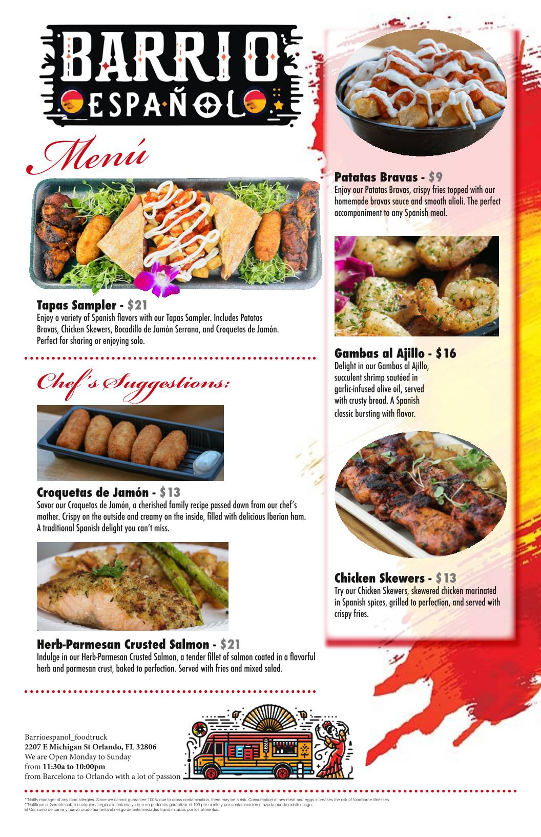 Menu at Barrio Español, Orlando
