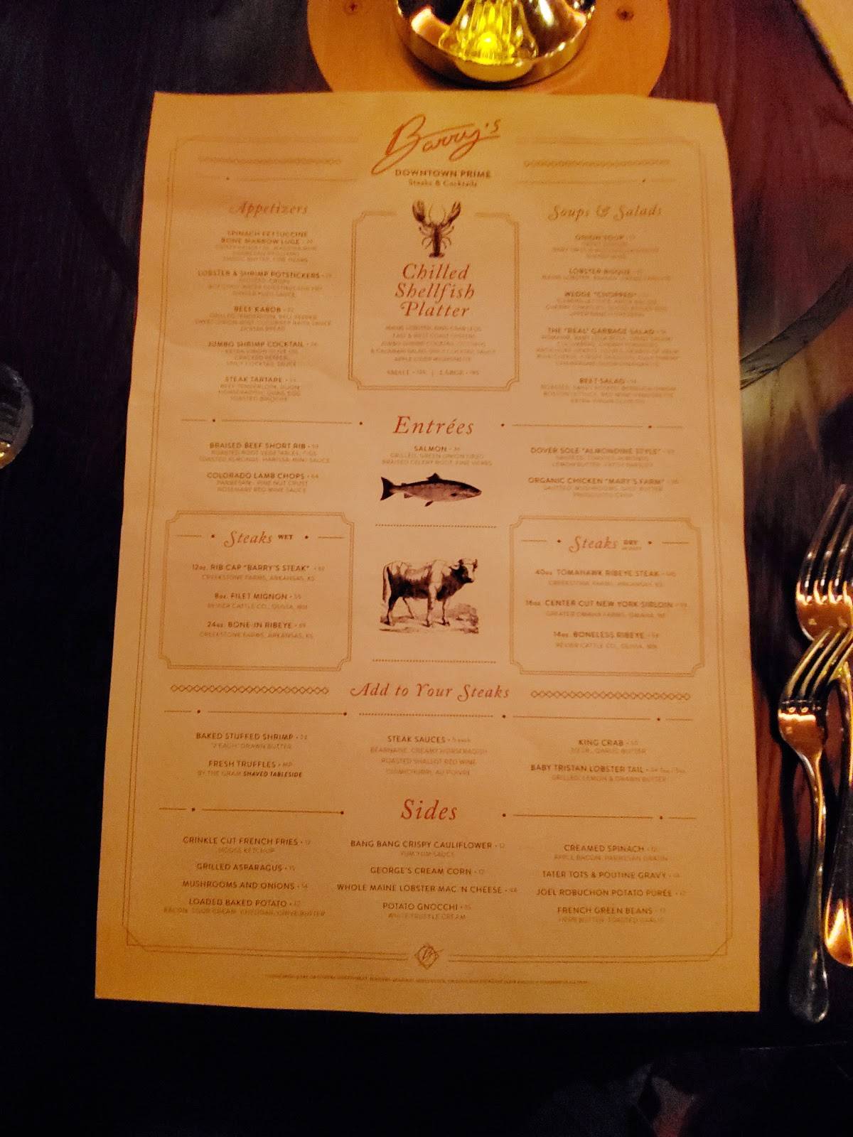 Menu at Barry's Downtown Prime, Las Vegas