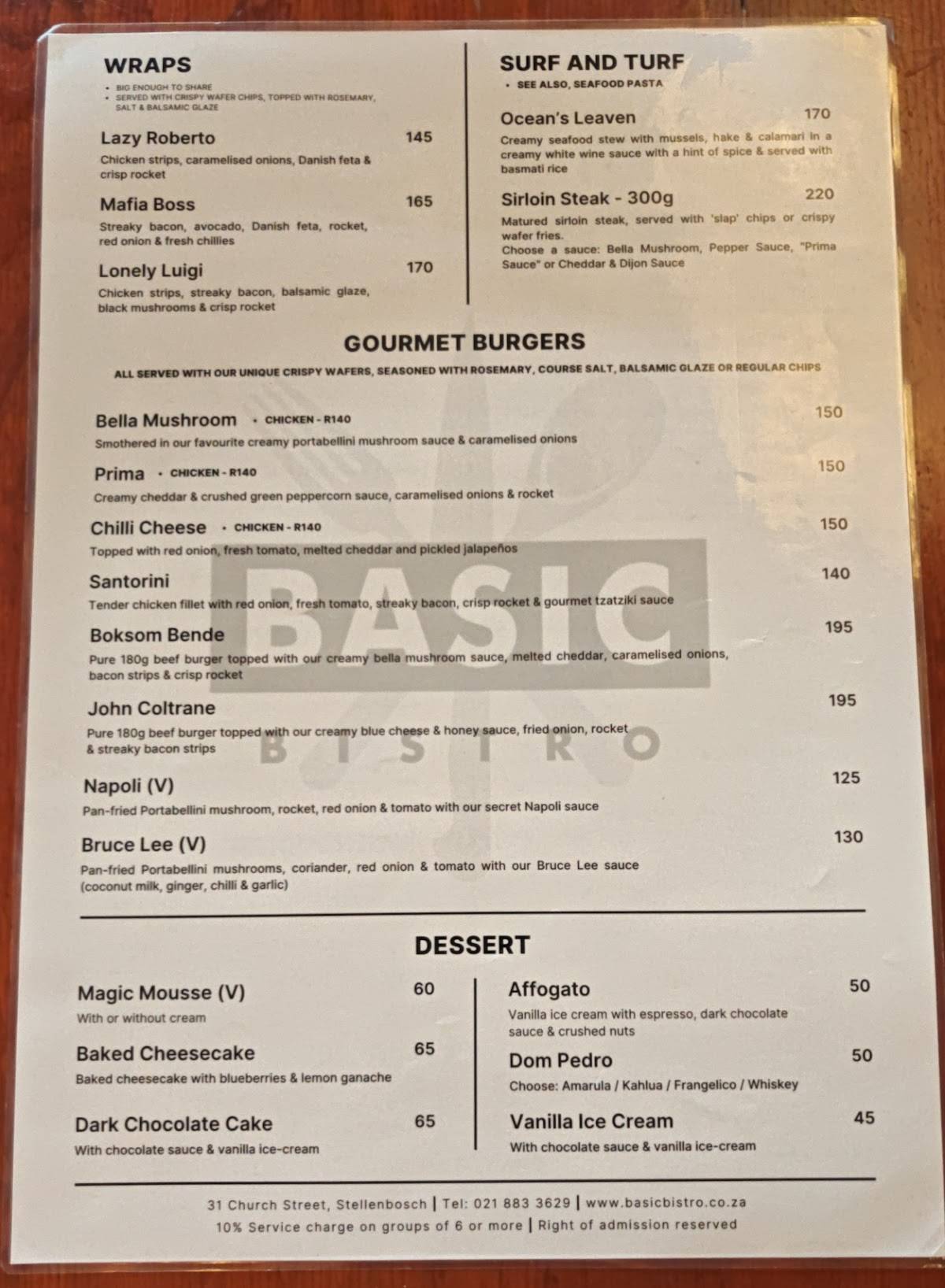 Menu at Basic Bistro restaurant, Stellenbosch