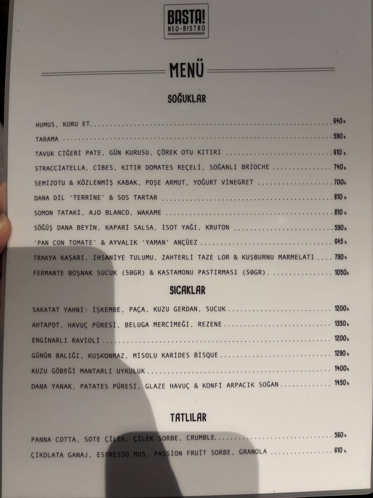 Menu at Basta Neo Bistro, Istanbul