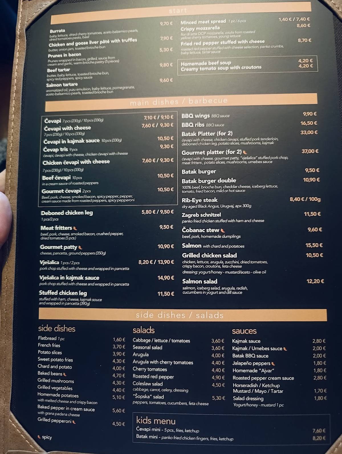 Menu at Batak Zadar restaurant, Croatia