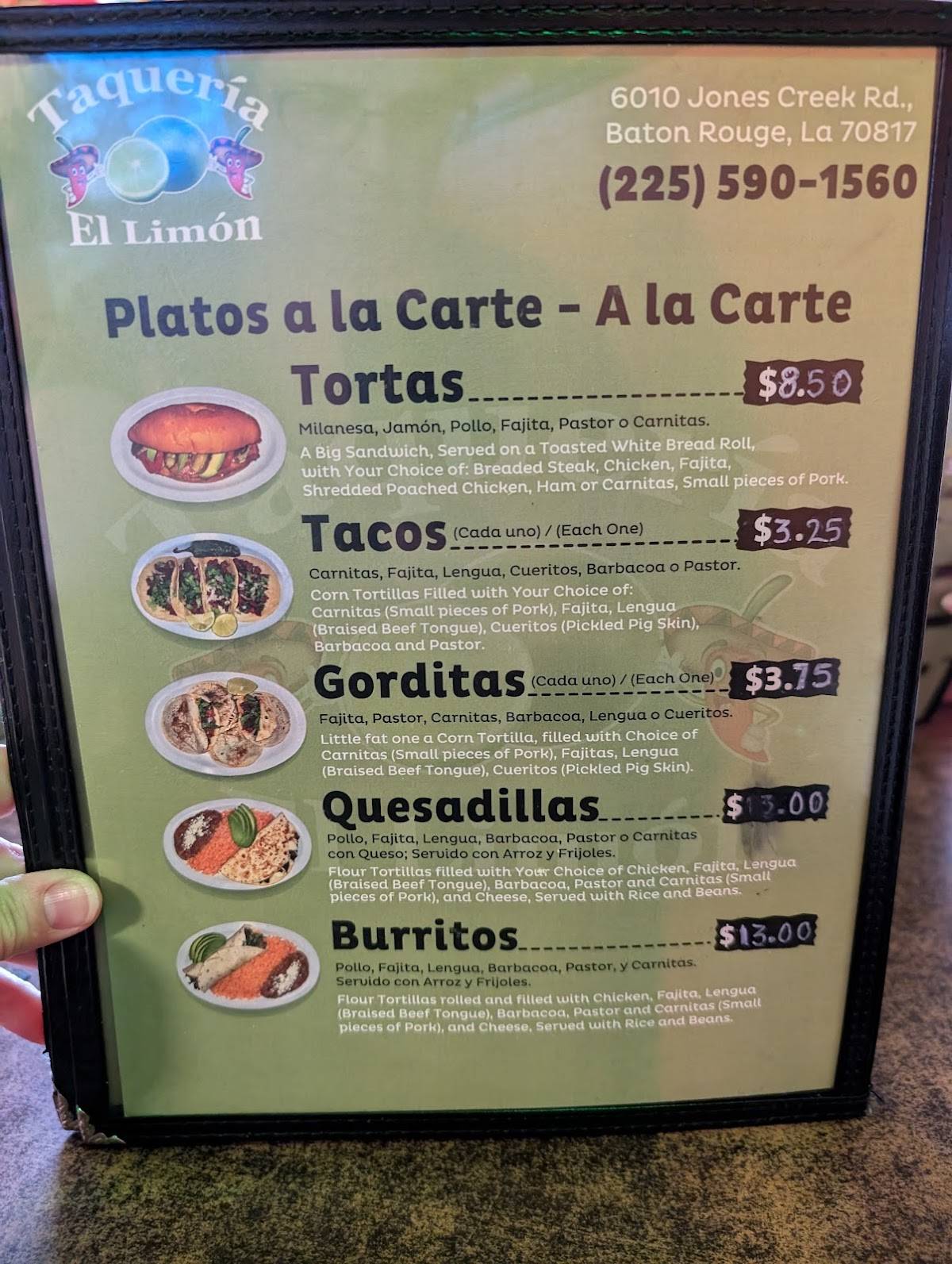 Menu at El Limon Mexican Restaurant, Baton Rouge