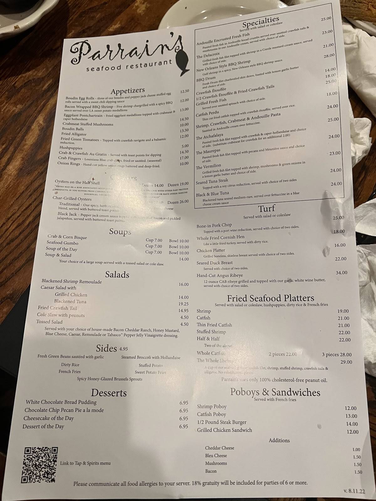 Menu at Parrain's Seafood Restaurant, Baton Rouge