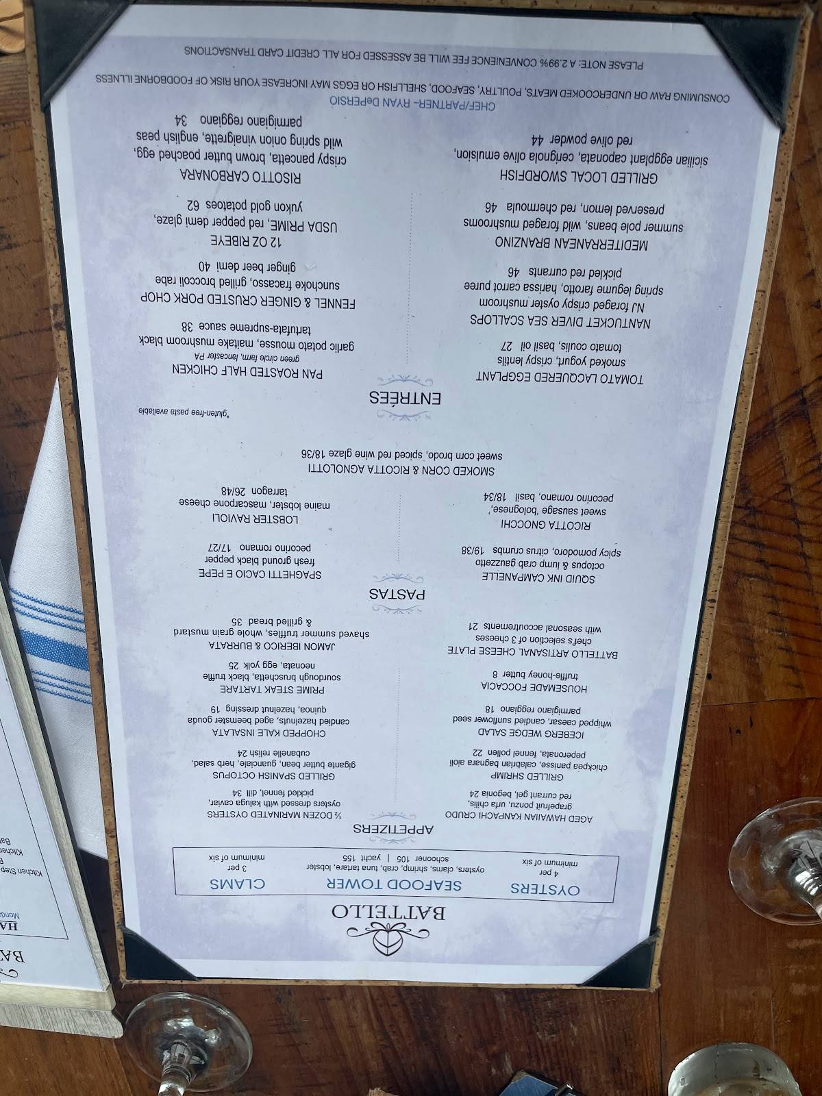 Menu at Battello restaurant, Jersey City