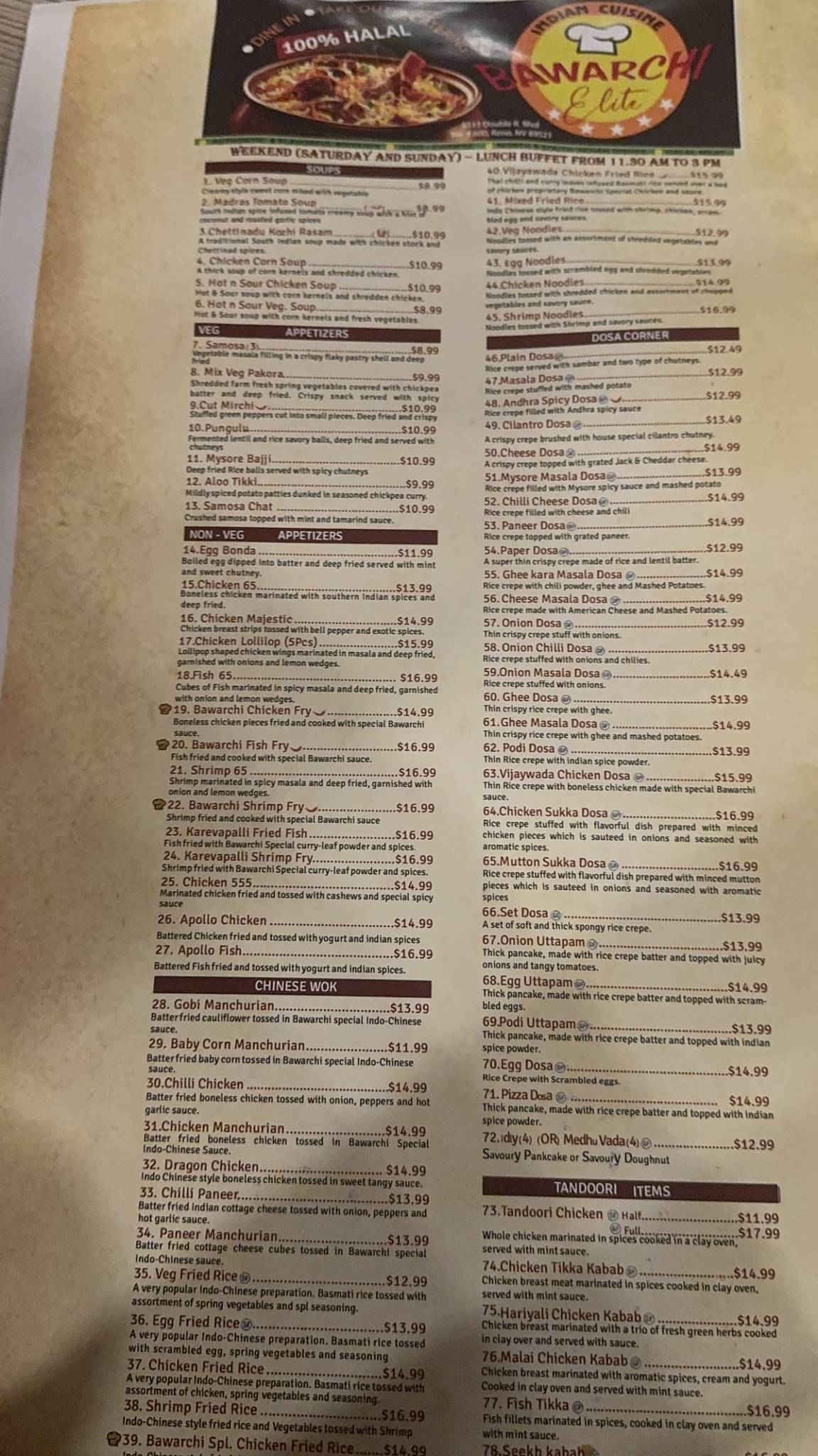 Menu at Bawarchi Elite Indian Cuisine - Reno, Nevada restaurant, Reno ...