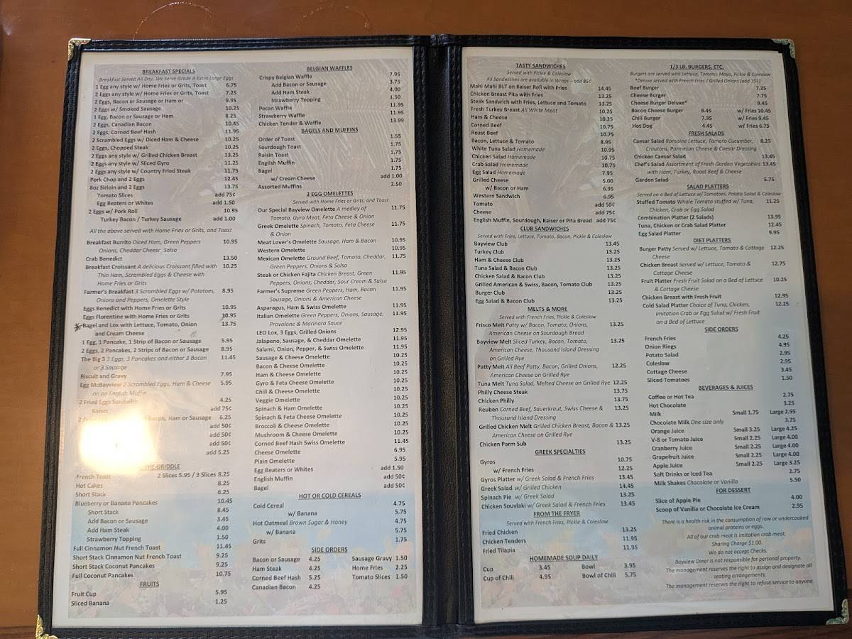 Menu at Bayview Diner cafe, Fort Lauderdale
