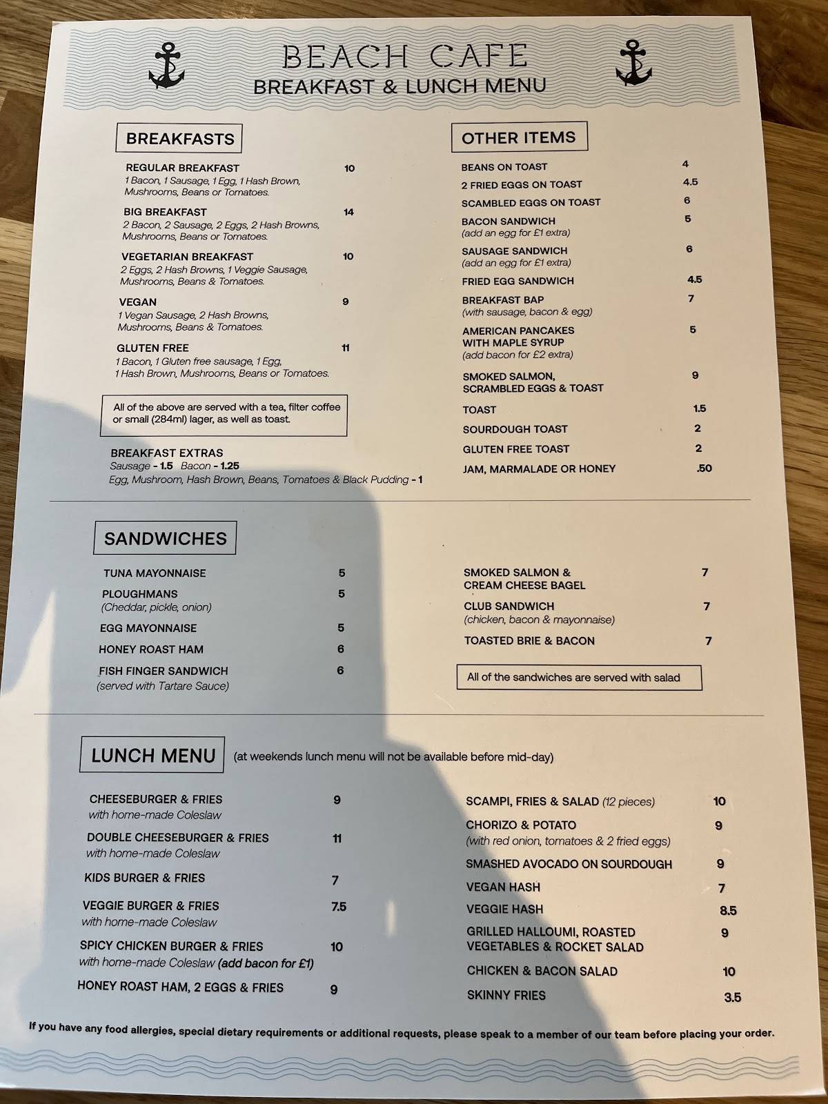 Menu at Beach Cafe, Whitstable
