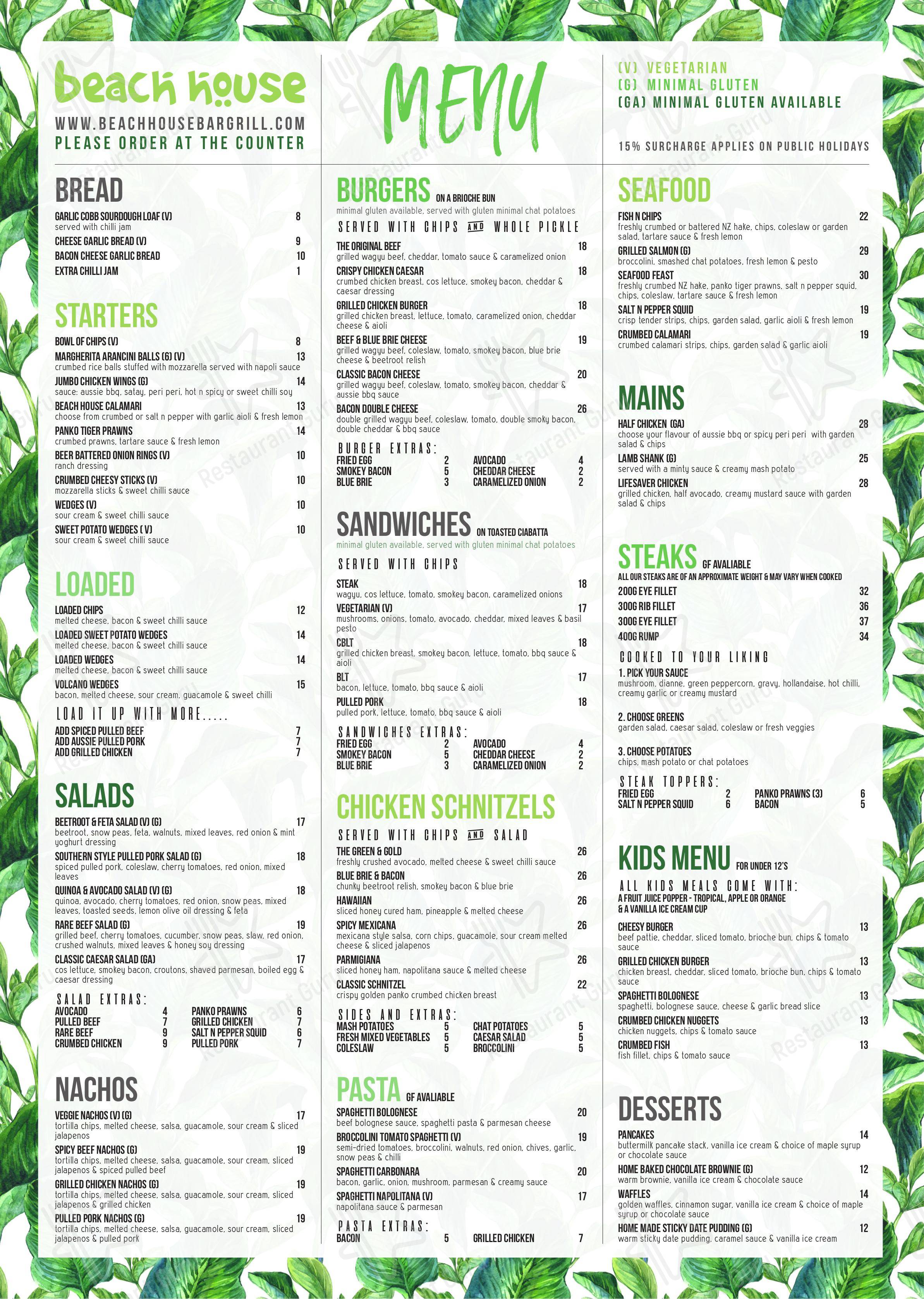 Menu at Beach House Bar & Grill Springfield, Springfield Central
