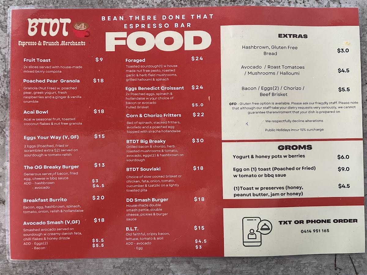 Menu at Bean There Done That Espresso Bar Bli Bli, Bli Bli