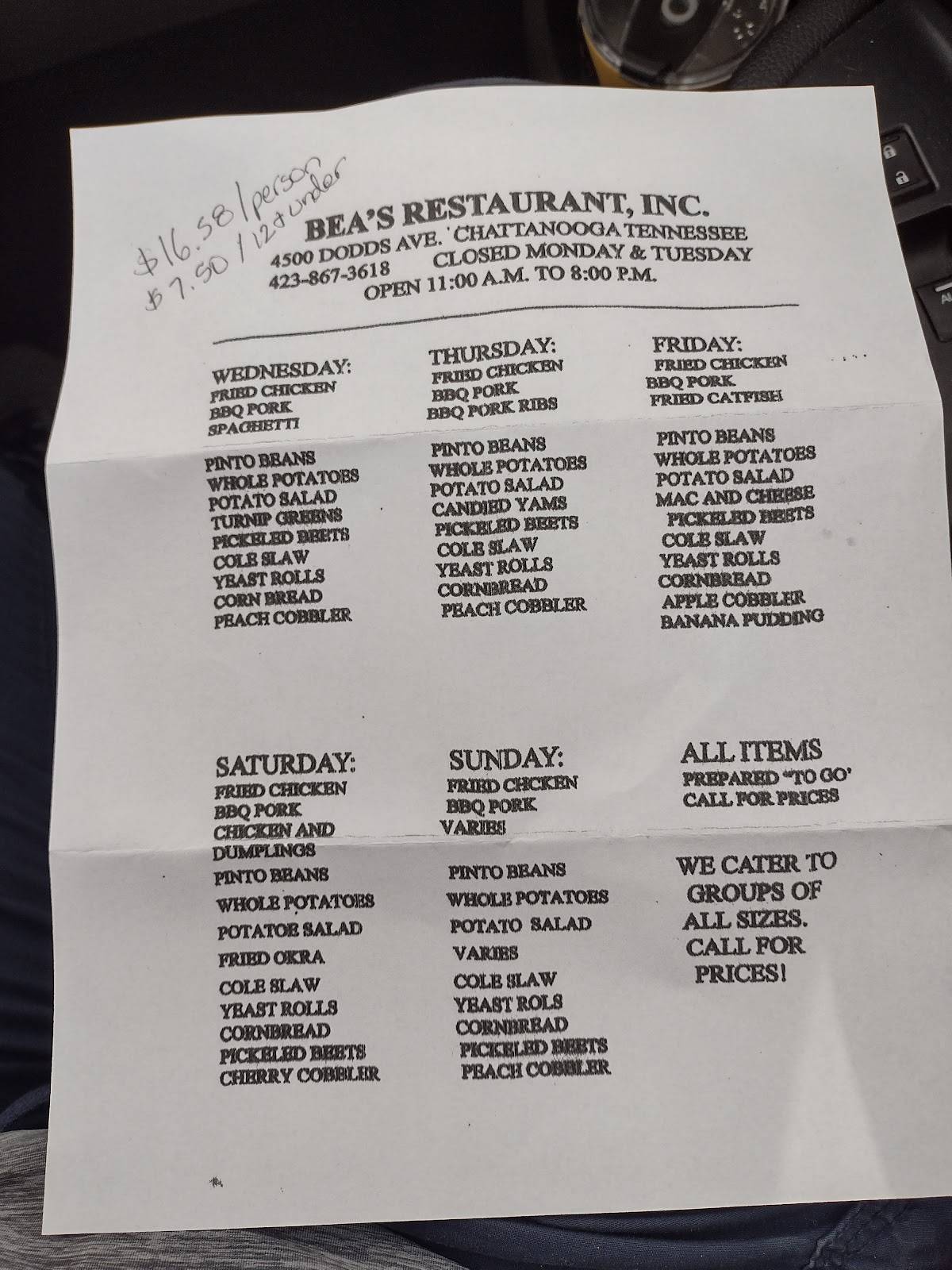 Menu at Bea's Restaurant, Chattanooga, Dodds Ave