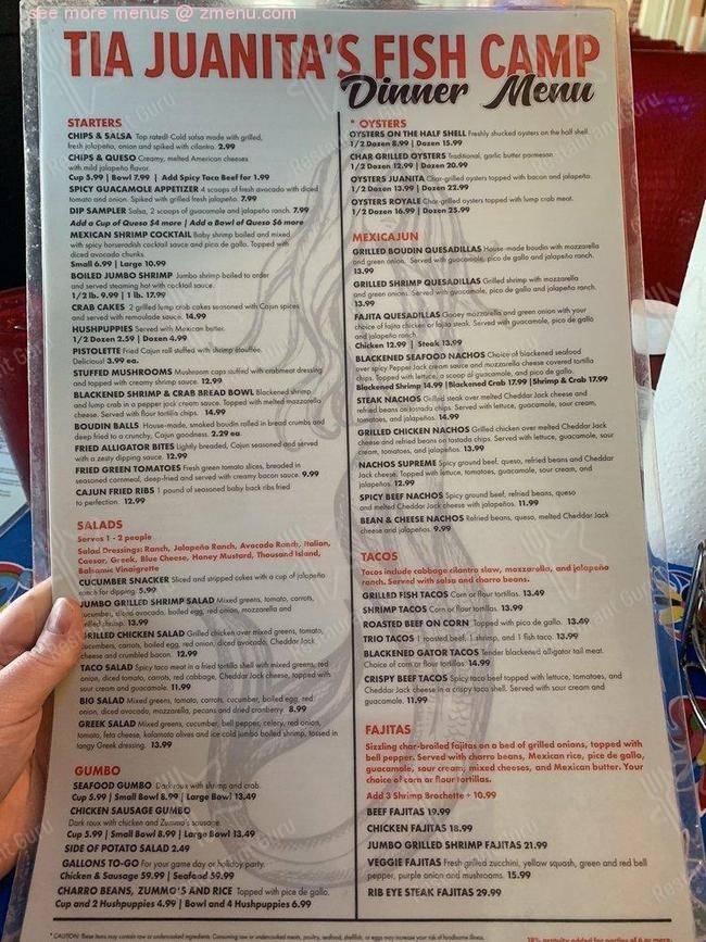 Menu at Tia Juanita's Fish Camp restaurant, Beaumont, Calder Ave