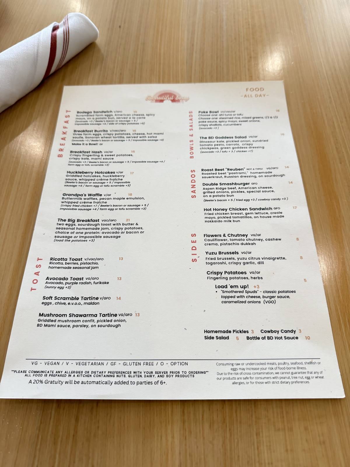 Menu at Beautiful Day pub & bar, La Quinta