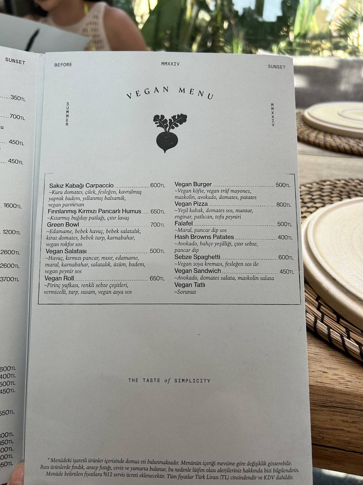 Menu at Before Sunset Beach, Çeşme
