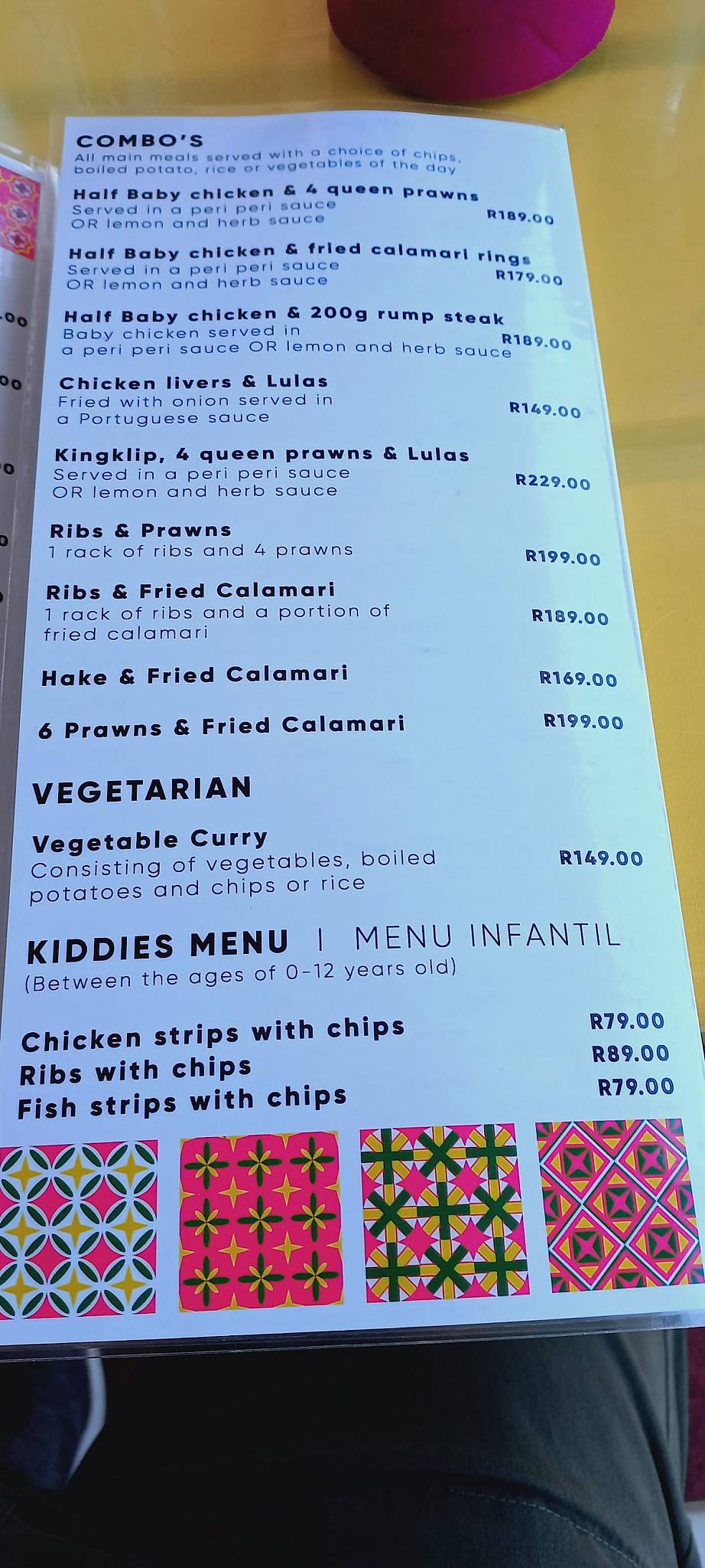 Menu at Beira Mar Portuguese Restaurant, Cape Town