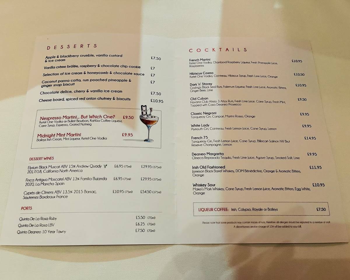 Menu at Deanes Meat Locker restaurant, Belfast