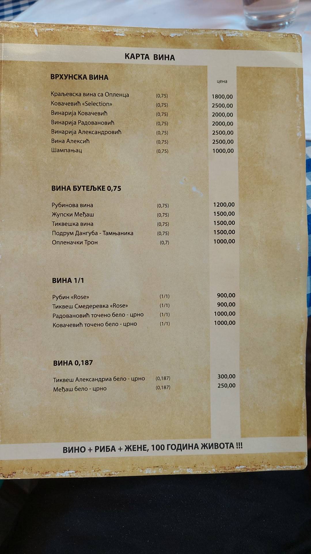 Menu at Restoran ČAČANIN restaurant, Belgrade
