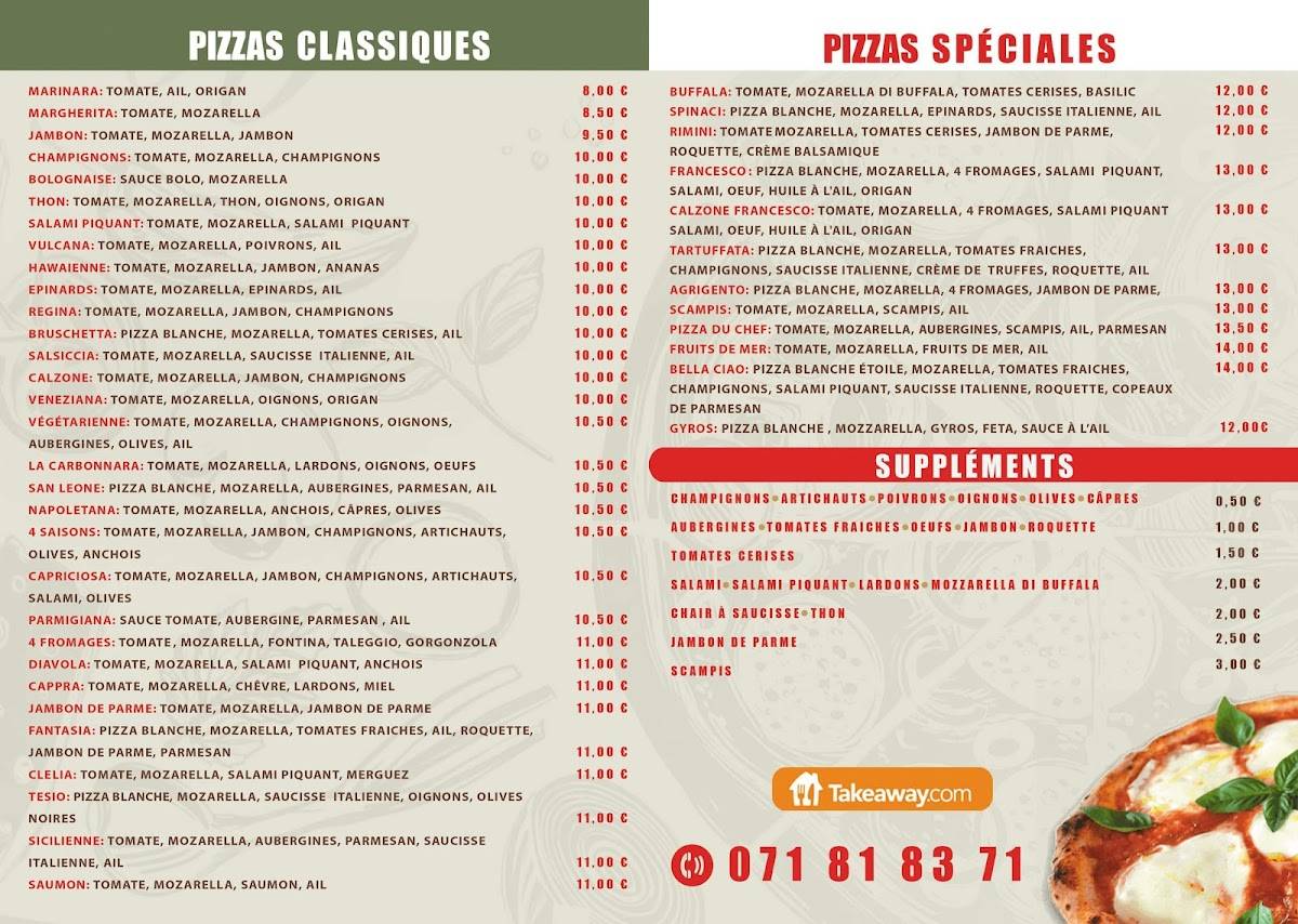 Menu au Bella Ciao pizzeria, Charleroi