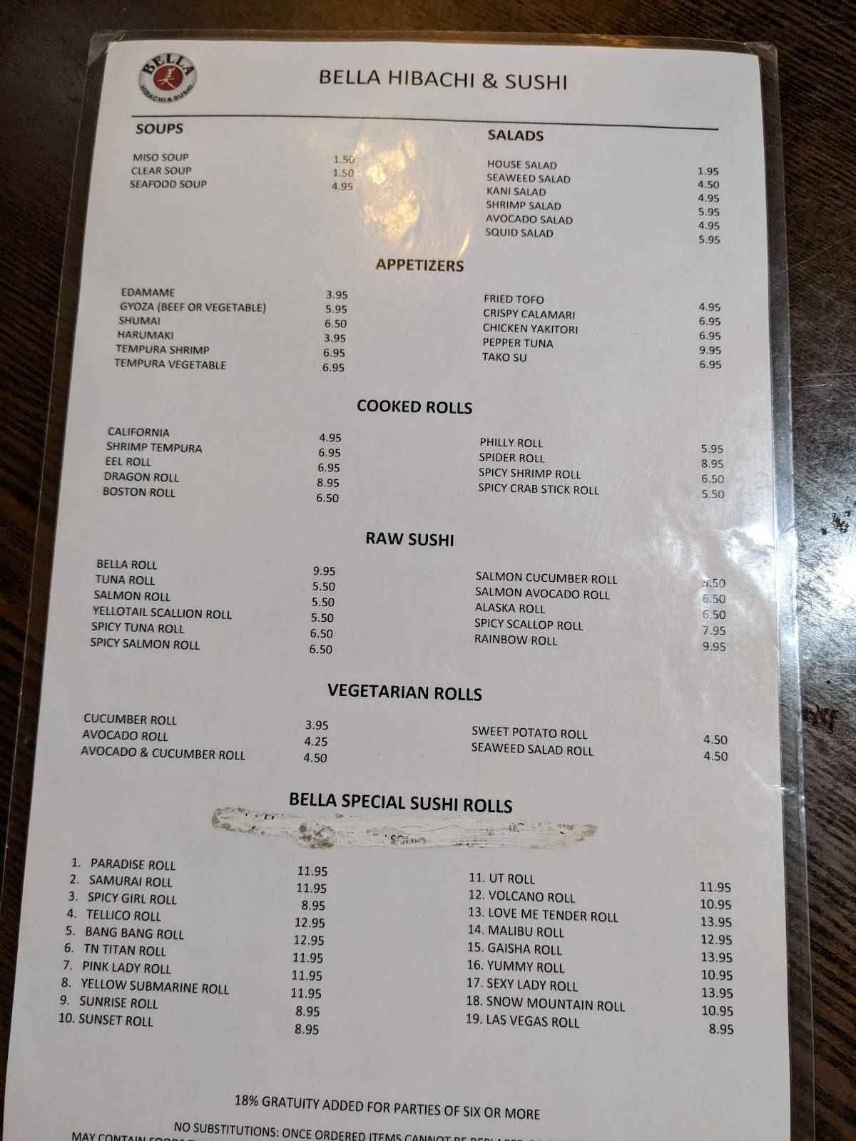 Menu at Bella Hibachi & Sushi restaurant, Lenoir City