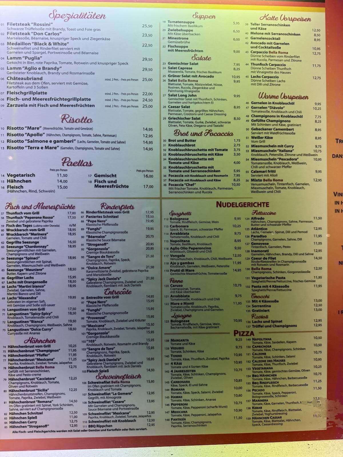 Menu at Bella Roma restaurant, Playa de las Américas, C. Sierra Nevada