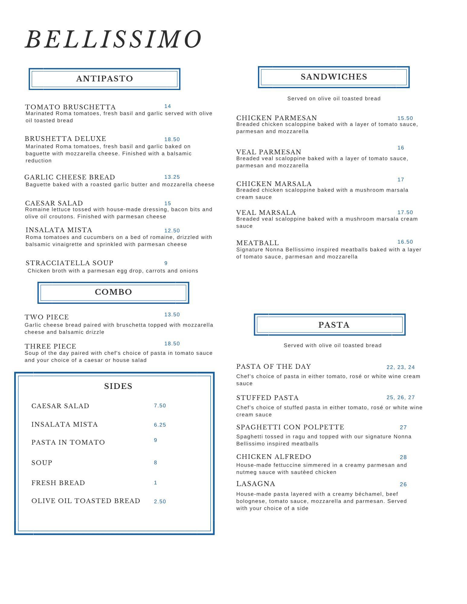 Menu at Bellissimo Bistro restaurant, St. John's