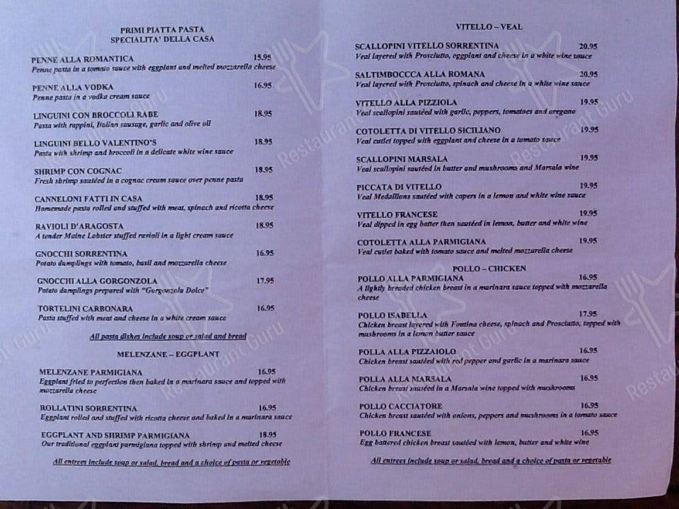 Menu at Bello Valentino's restaurant, New Smyrna Beach, N Dixie Fwy