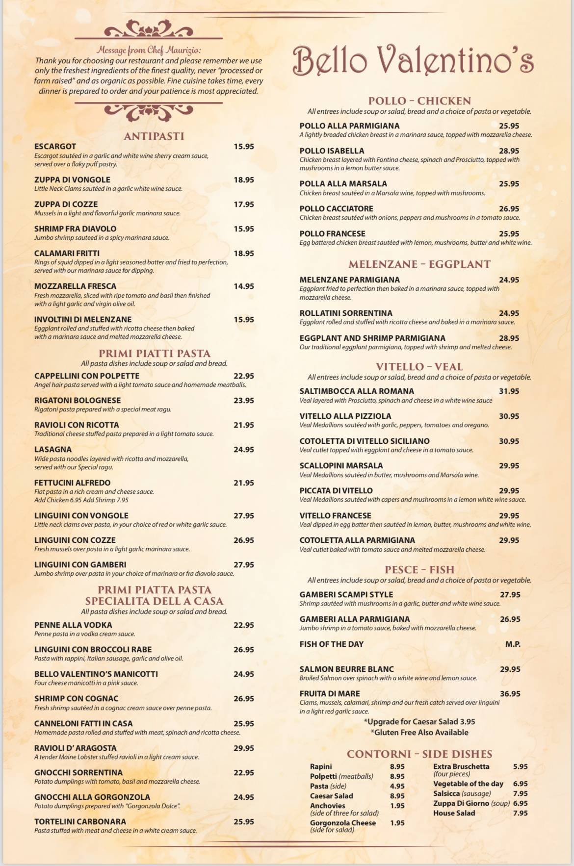 Menu at Bello Valentino's Italian Restaurant, New Smyrna Beach, N Dixie Fwy