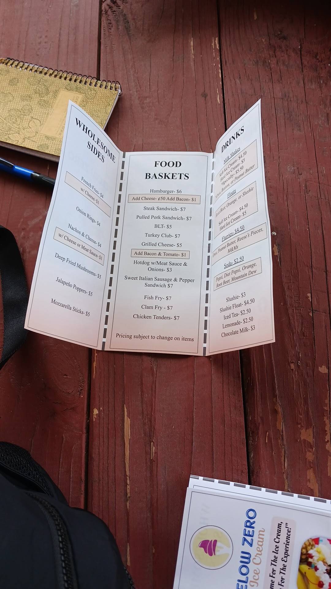 Menu at Below Zero Ice Cream & Grill, Palatine Bridge