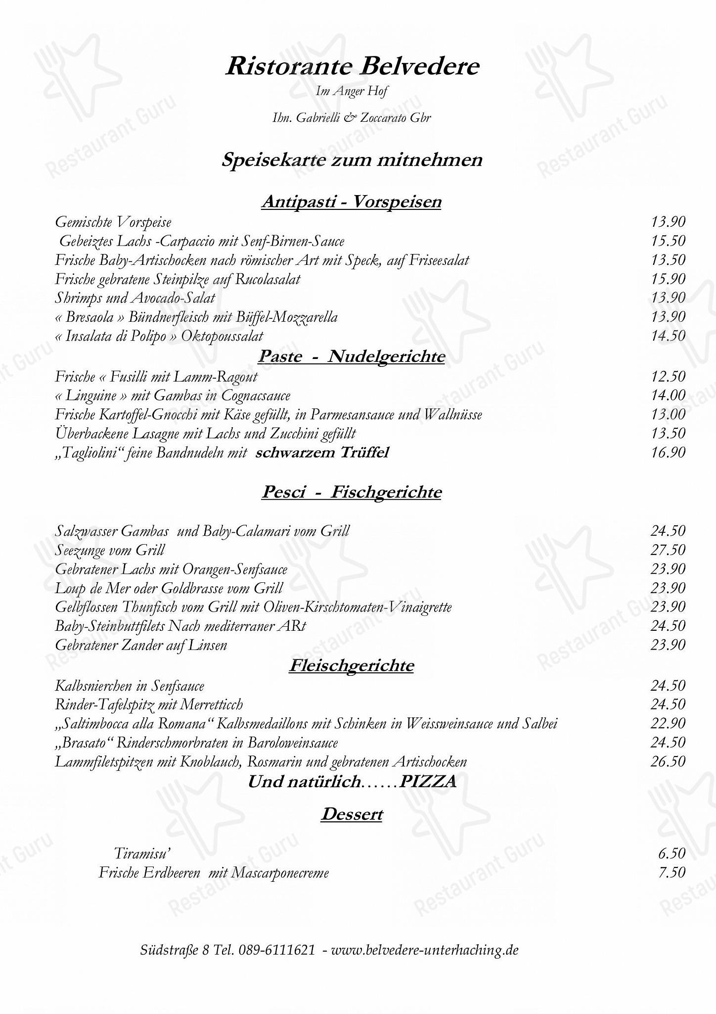 Speisekarte von Belvedere restaurant, Unterhaching