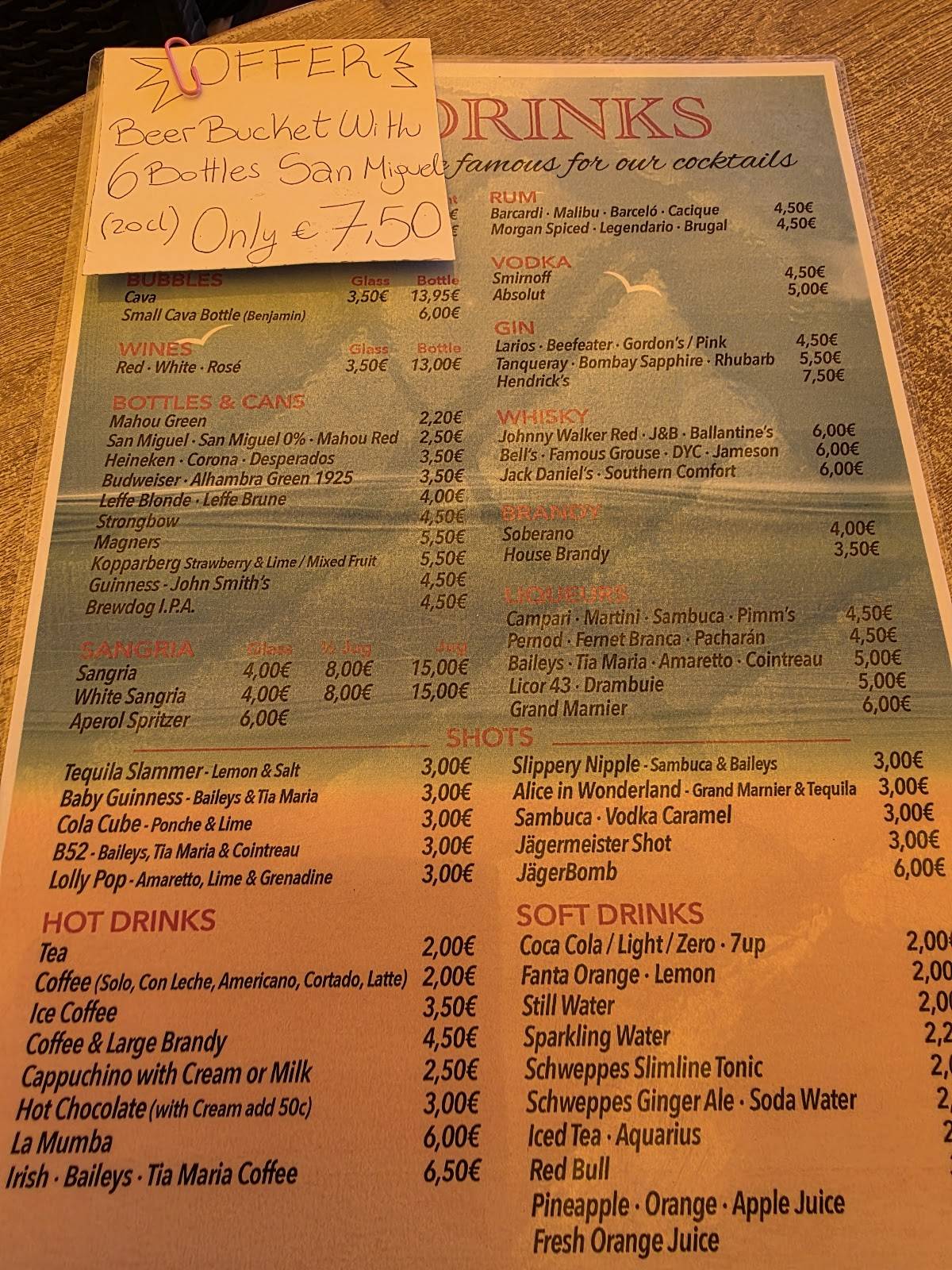 Menu at Palm 5 Beach Bar, Benalmádena