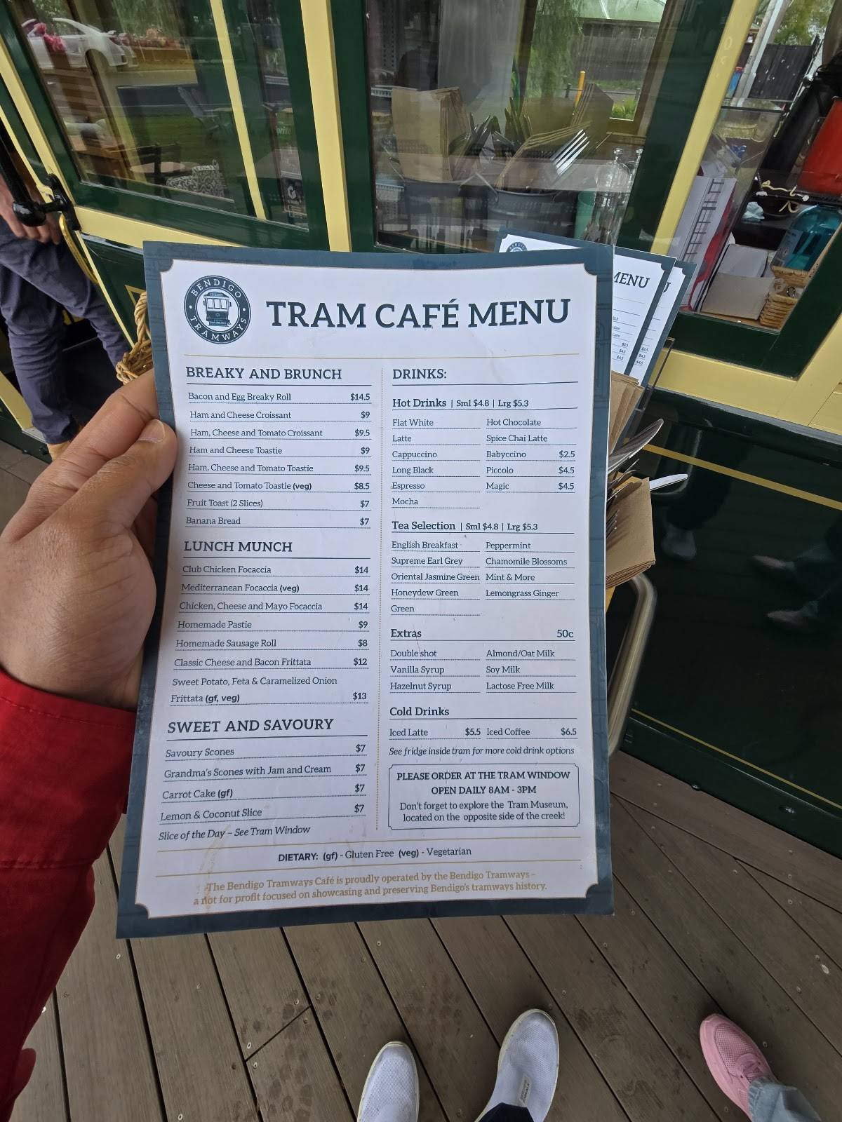 Menu at Bendigo Tram Cafe, Bendigo