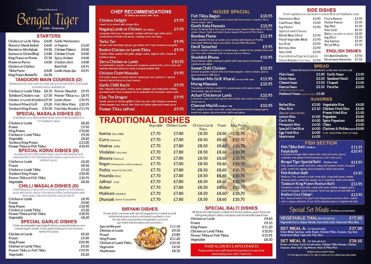 Menu at Bengal Tiger fast food, South Molton