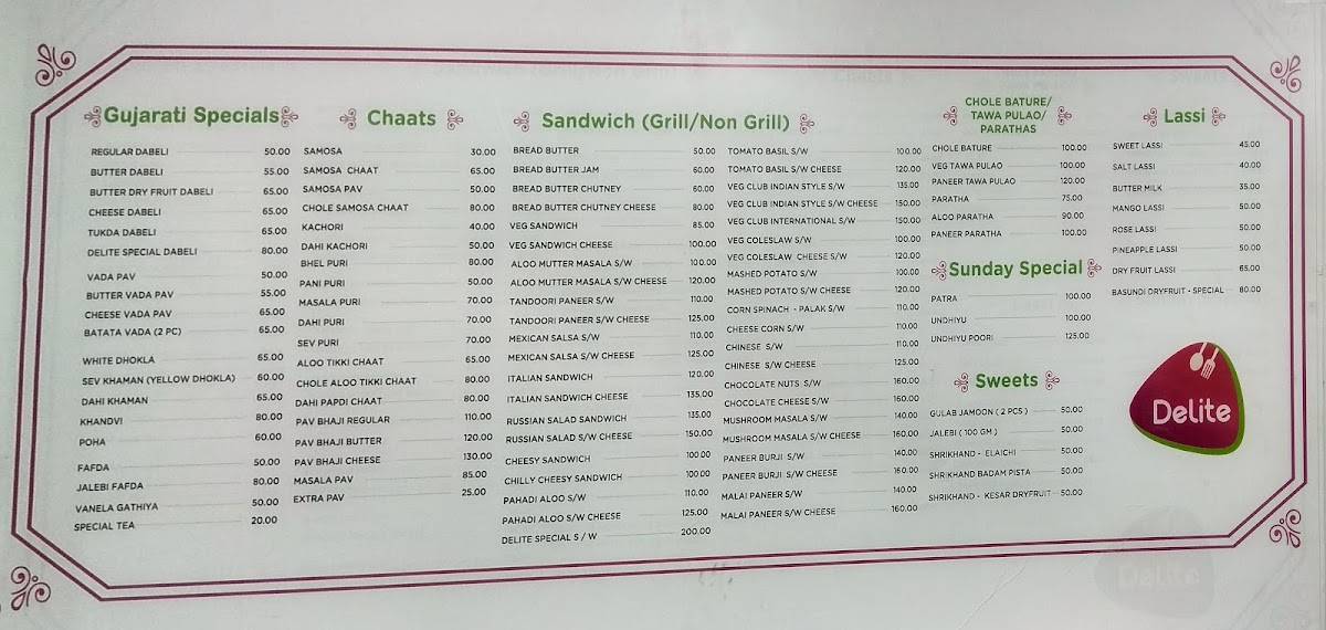 Menu at Delite Chaat House - Koramangala, Bengaluru, 18-30