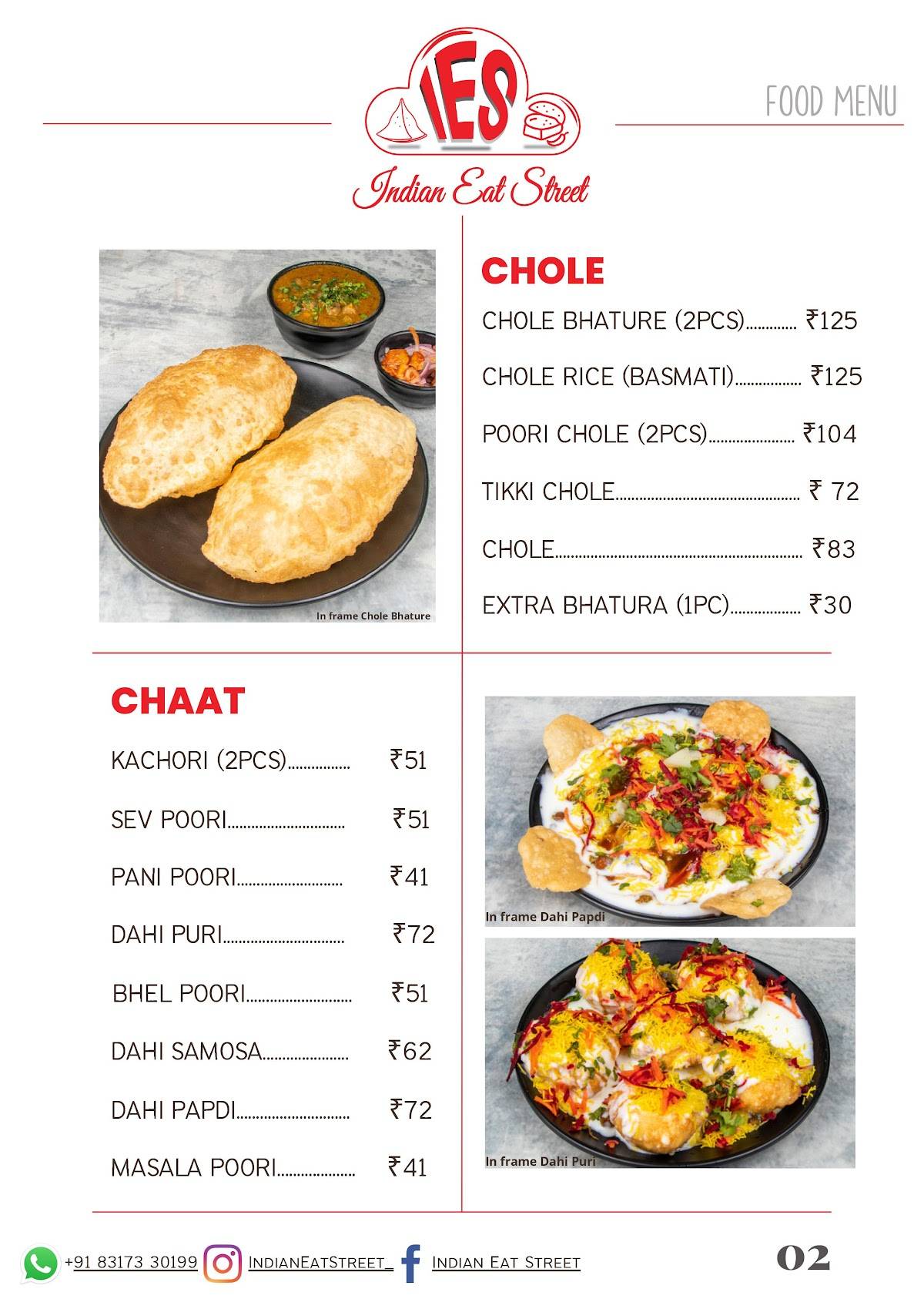 Menu at Indian Eat Street, Bengaluru