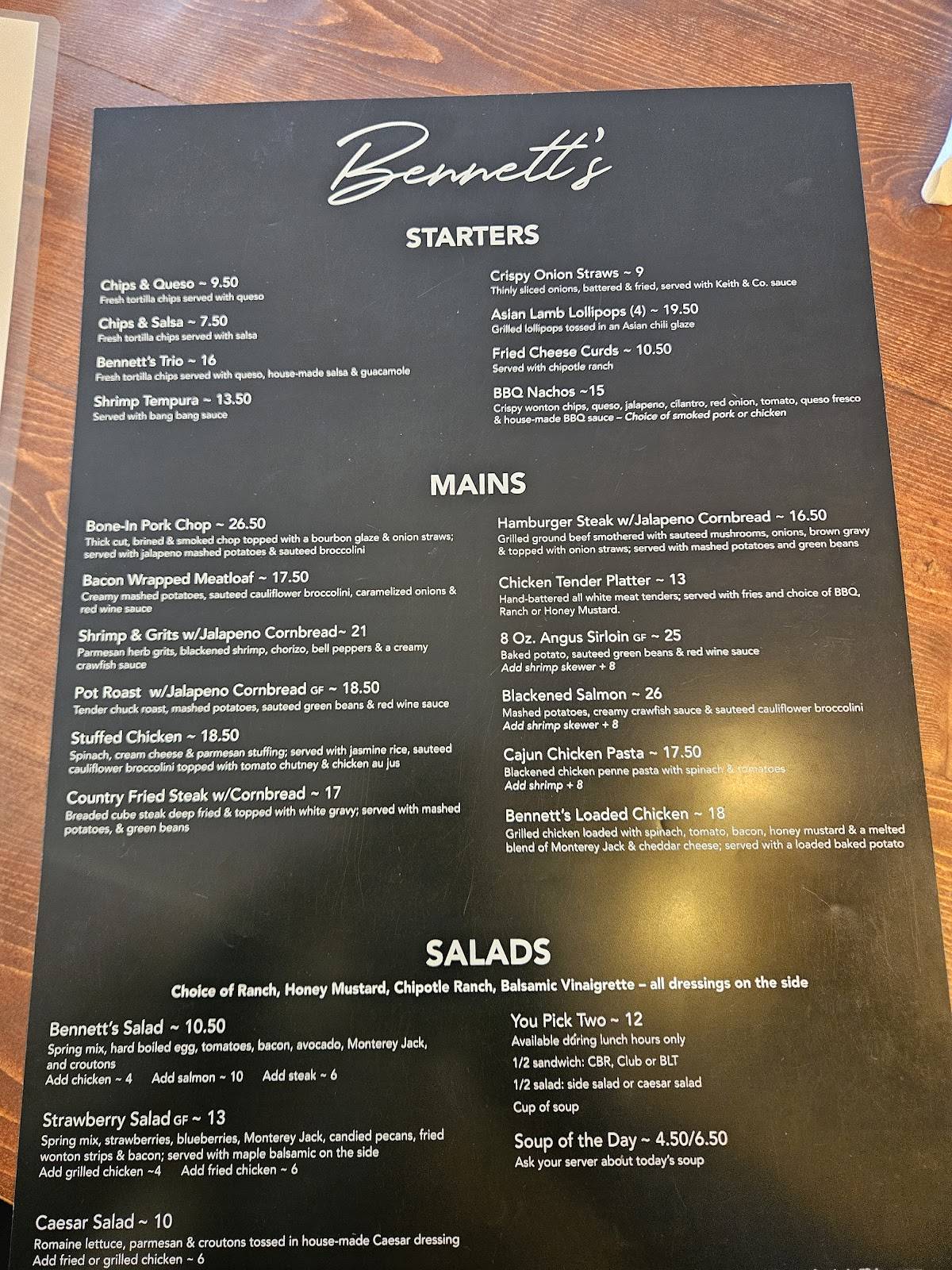 Menu at Bennett’s Casual Dining restaurant, Sherwood