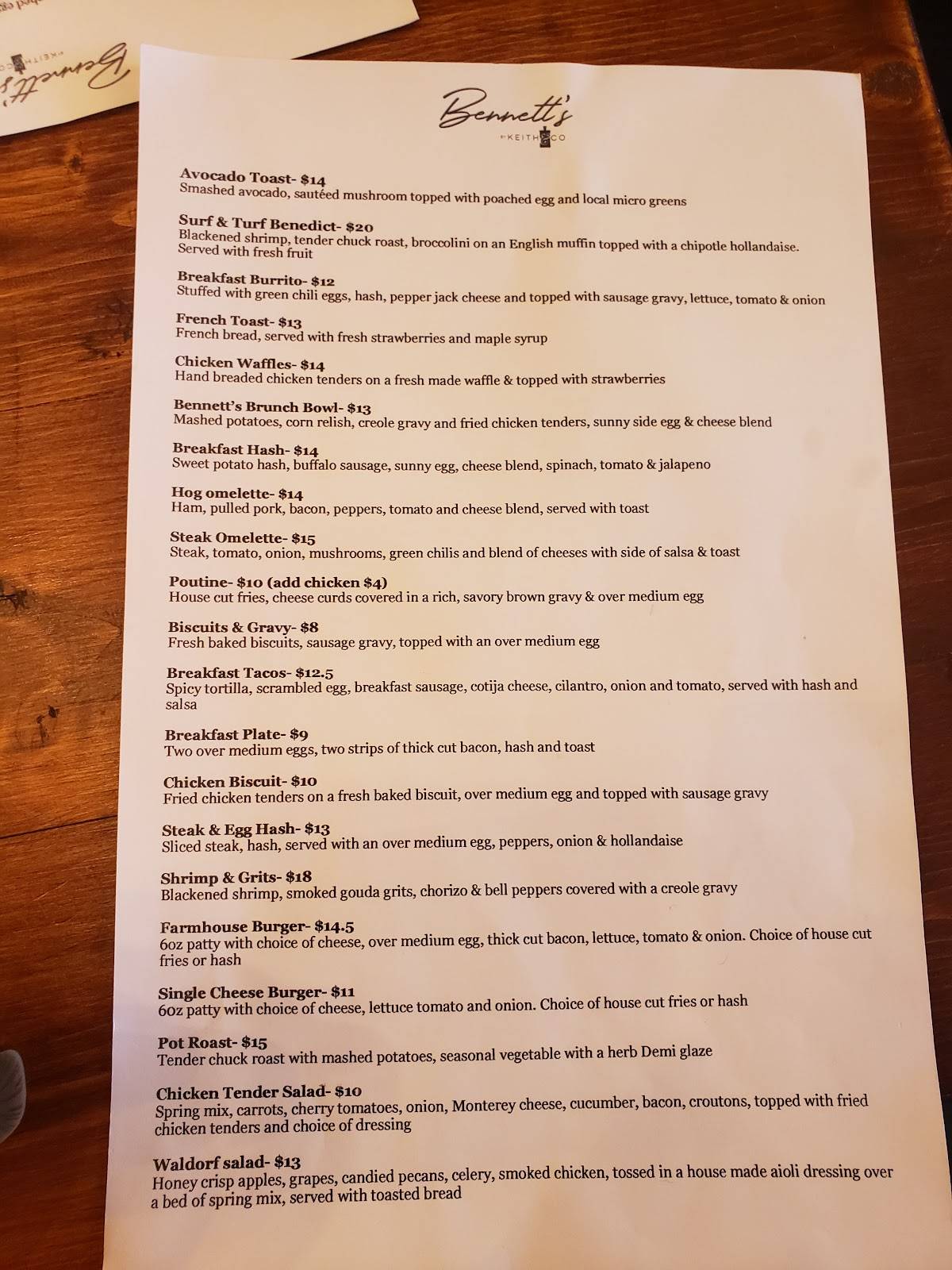 Menu at Bennett’s Casual Dining restaurant, Sherwood