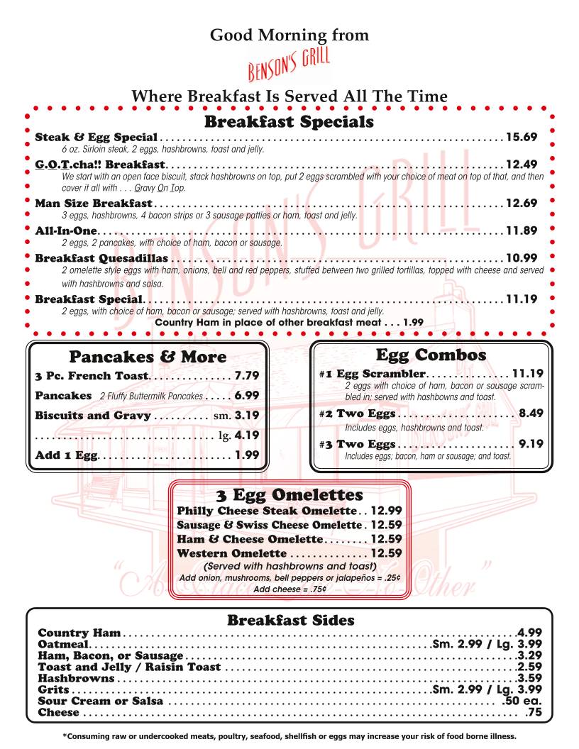 Menu at Benson's Grill restaurant, Fort Smith