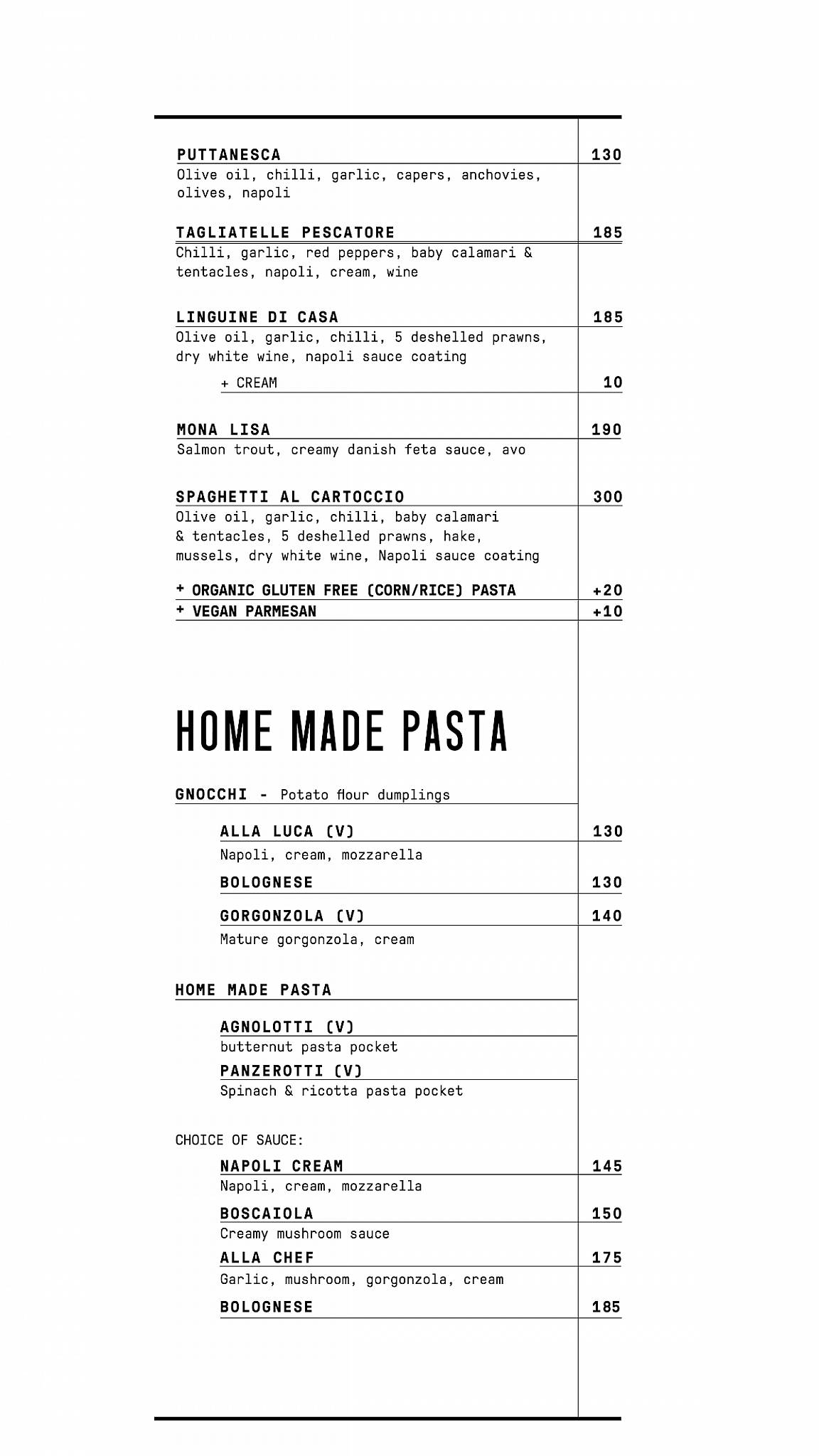 Menu at Spiga restaurant, Durban, 465 Innes Rd