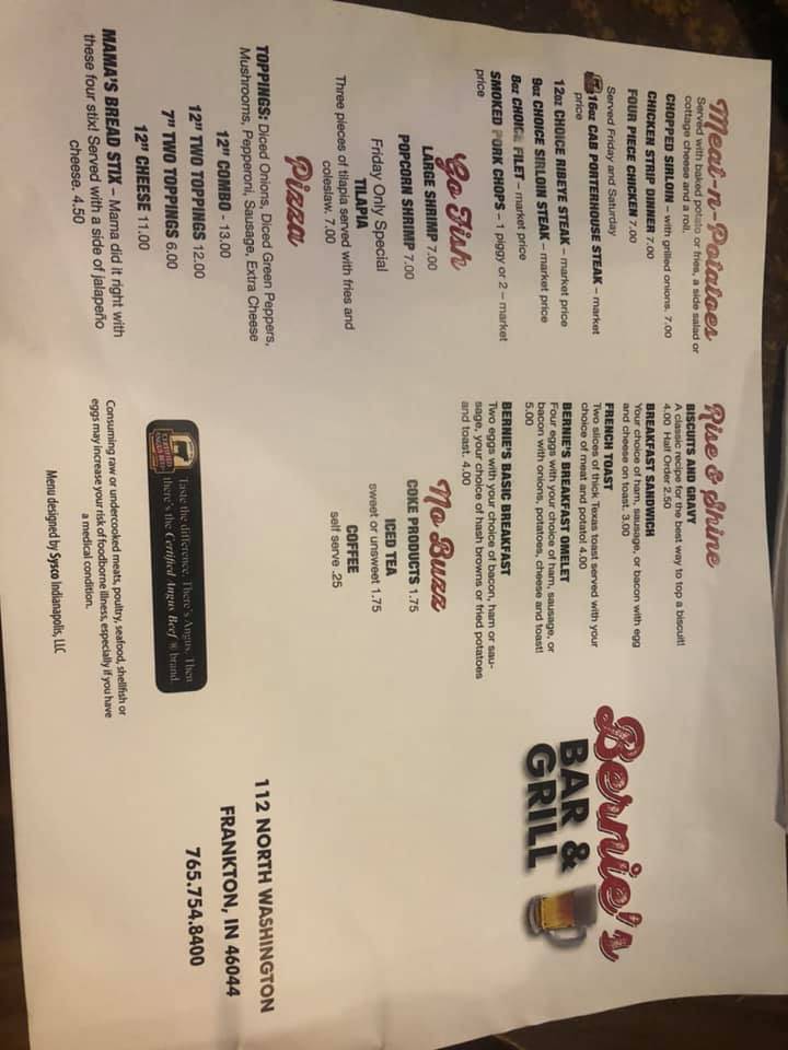 Menu at Bernie's Bar, Frankton