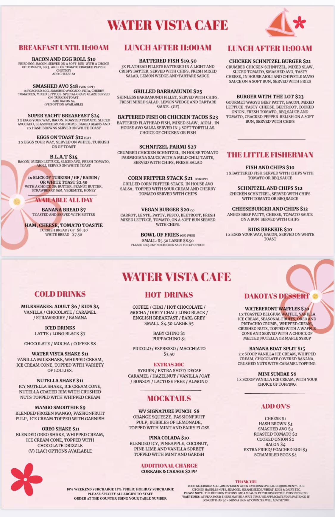 Menu at Water Vista Cafe, Berowra Waters