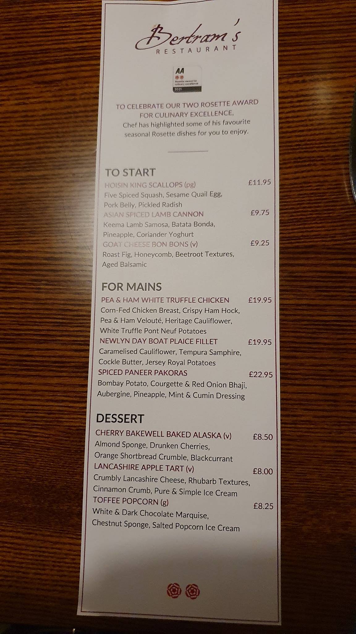 Menu at Bertram's Restaurant, Burnley, Crow Wood