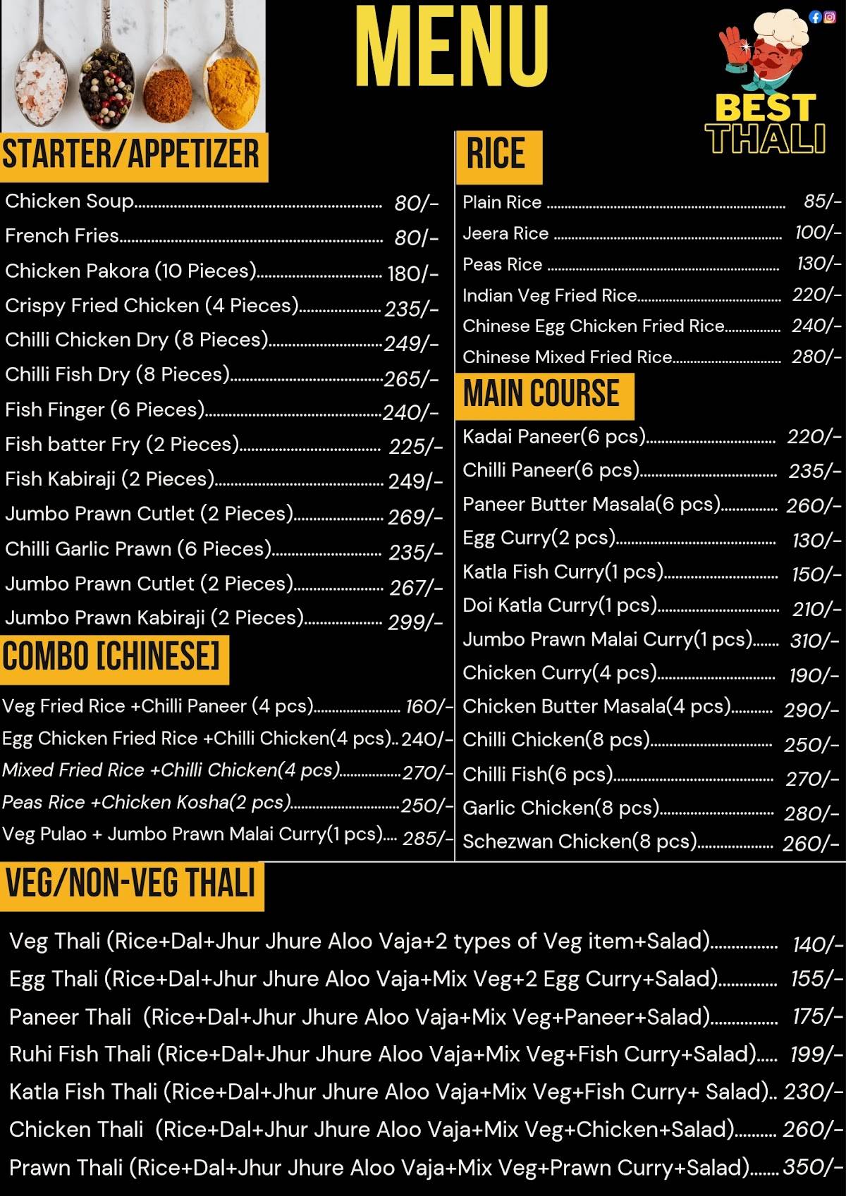 Menu at Best Thali, Kolkata