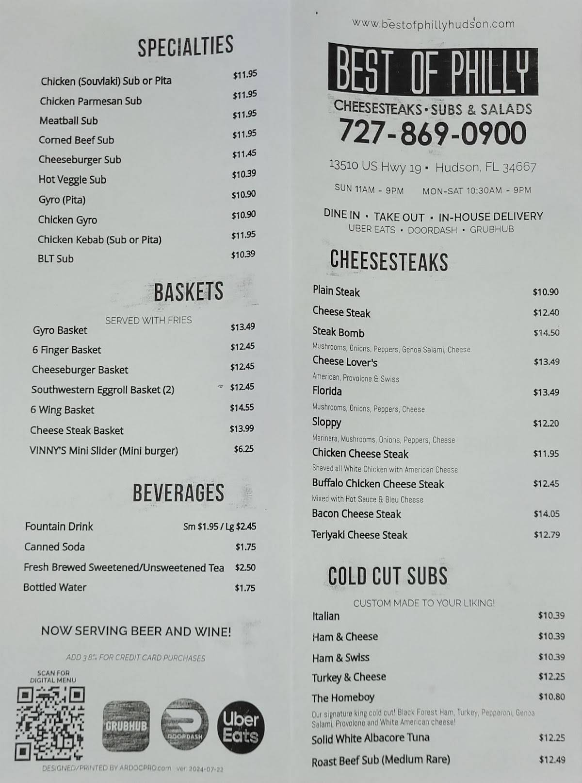 Menu at Best of Philly Cheesesteak restaurant, Hudson
