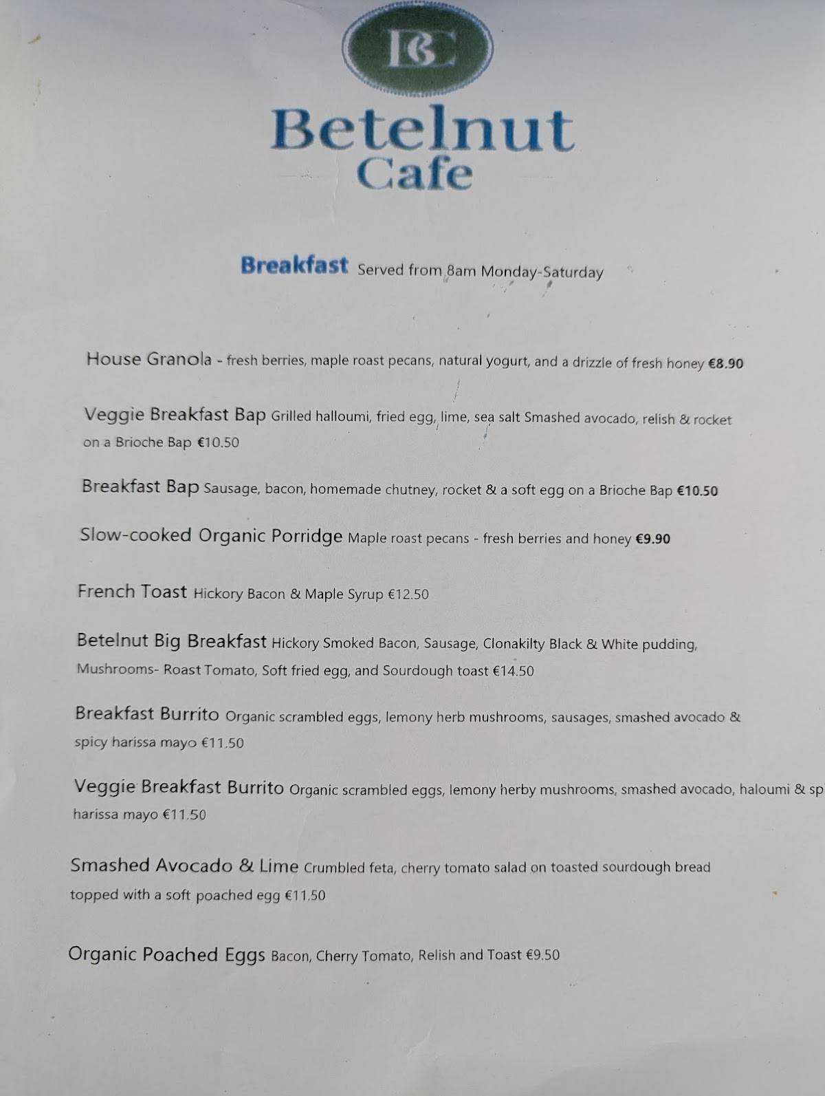 Menu at Betelnut Cafe, Dublin, The Civic theatre