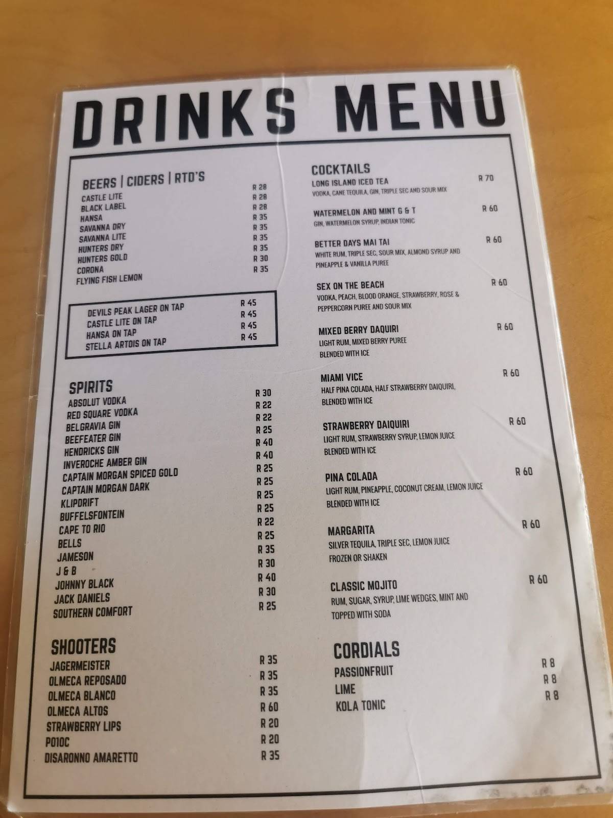 Menu at Better days restaurant, South Africa
