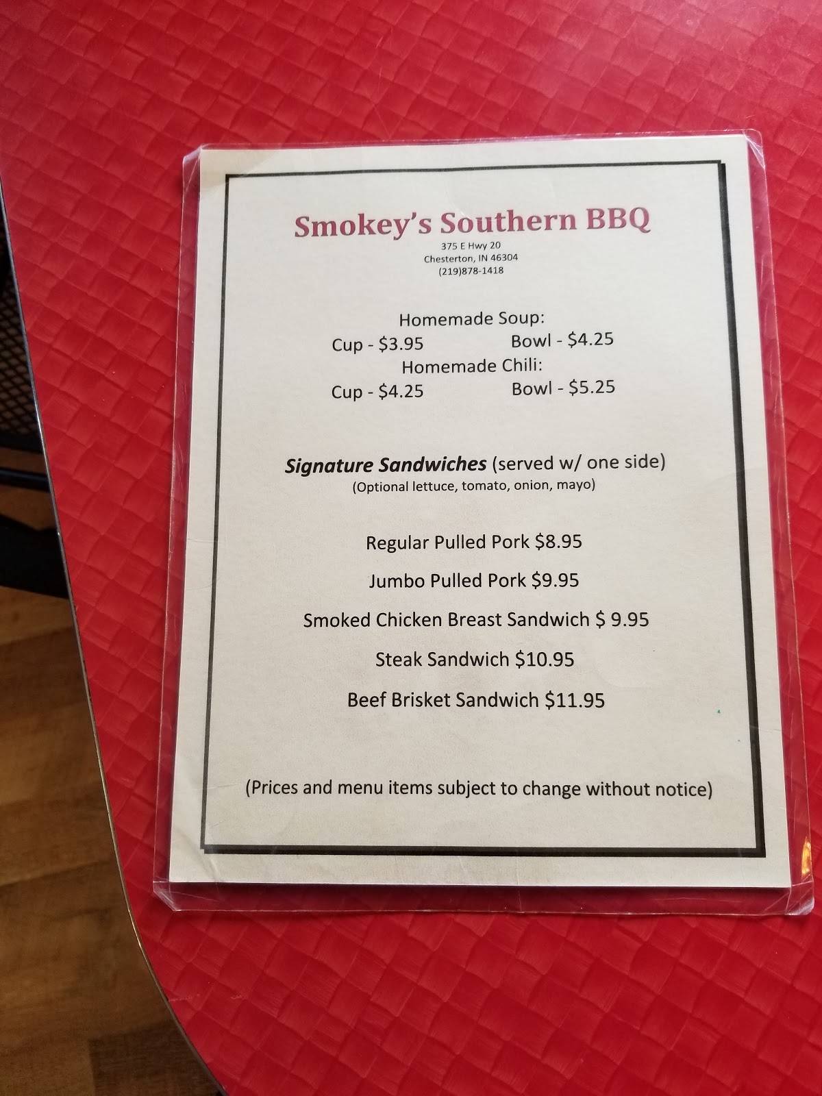 Menu at Smokey's Southern Barbeque, Chesterton, 375 US-20